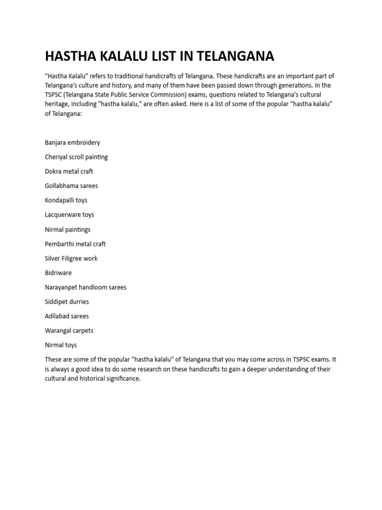 Telangana Hastha Kalalu Handicrafts List | PDF