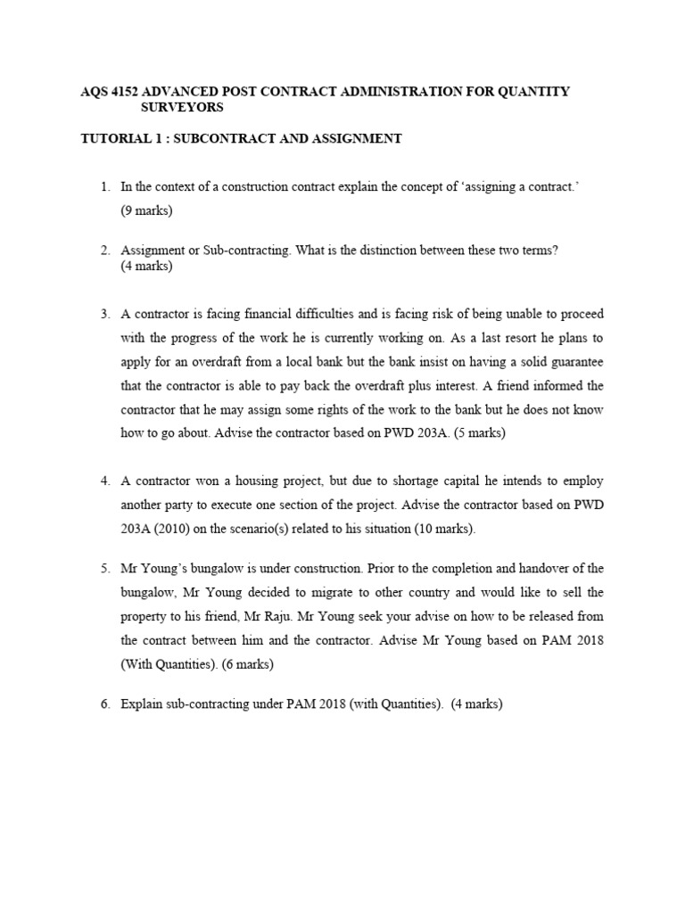 Tutorial 1 Sub-Contract and Assignment (Quest) Rev | PDF