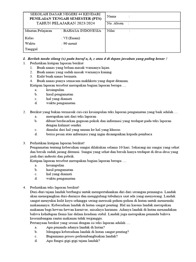Soal PTS B. Indonesia Kls 6 SMR 1 | PDF