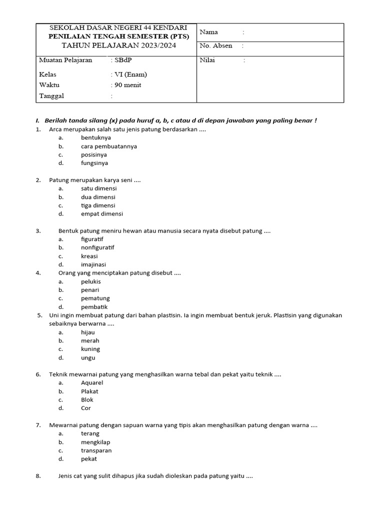 Soal PTS SBDP Kls 6 SMR 1 | PDF