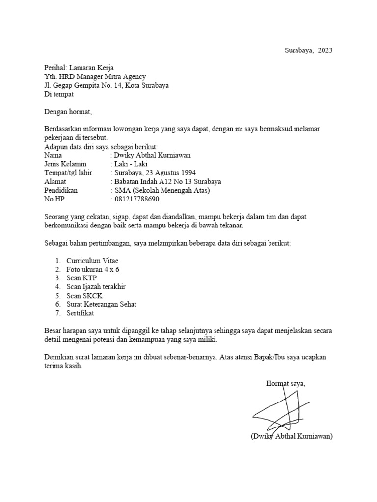 Surat Lamaran Kerja Word | PDF