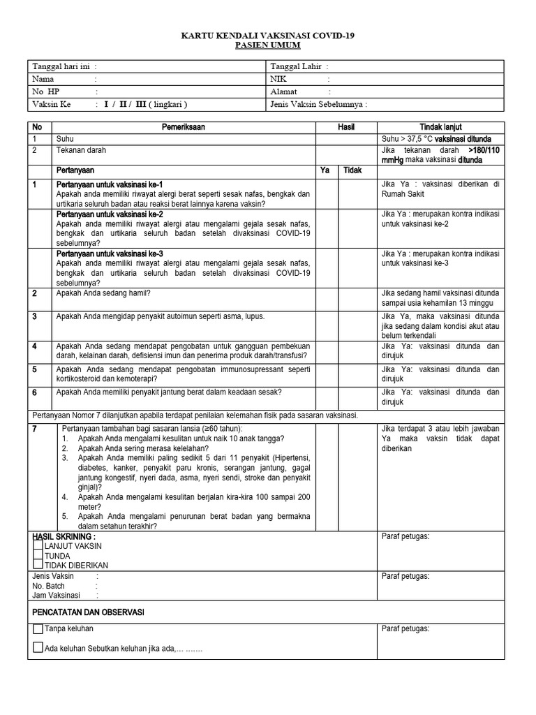 FORM SKRINING VAKSINASI COVID-19 Revisi September 2021 | PDF | Sains ...