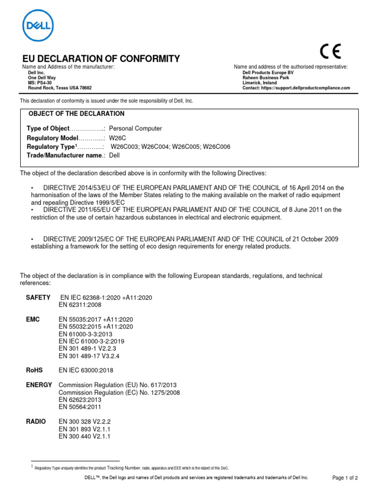 Dell Optiplex 7400 Aio w26c w26c006 European Union - Declaration of ...