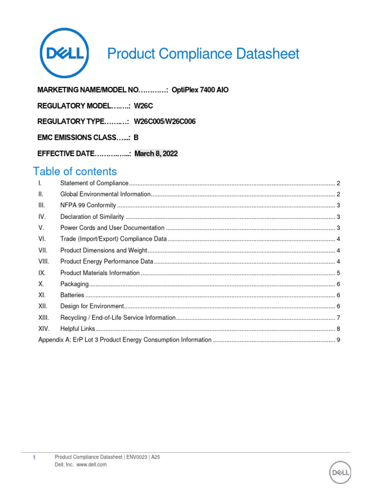Dell Optiplex 7400 Aio w26c w26c005 Dell Regulatory and Environmental ...