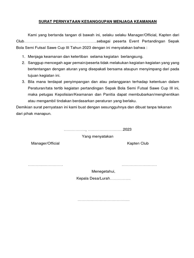 Surat Pernyataan Kesanggupan Menjaga Keamanan | PDF