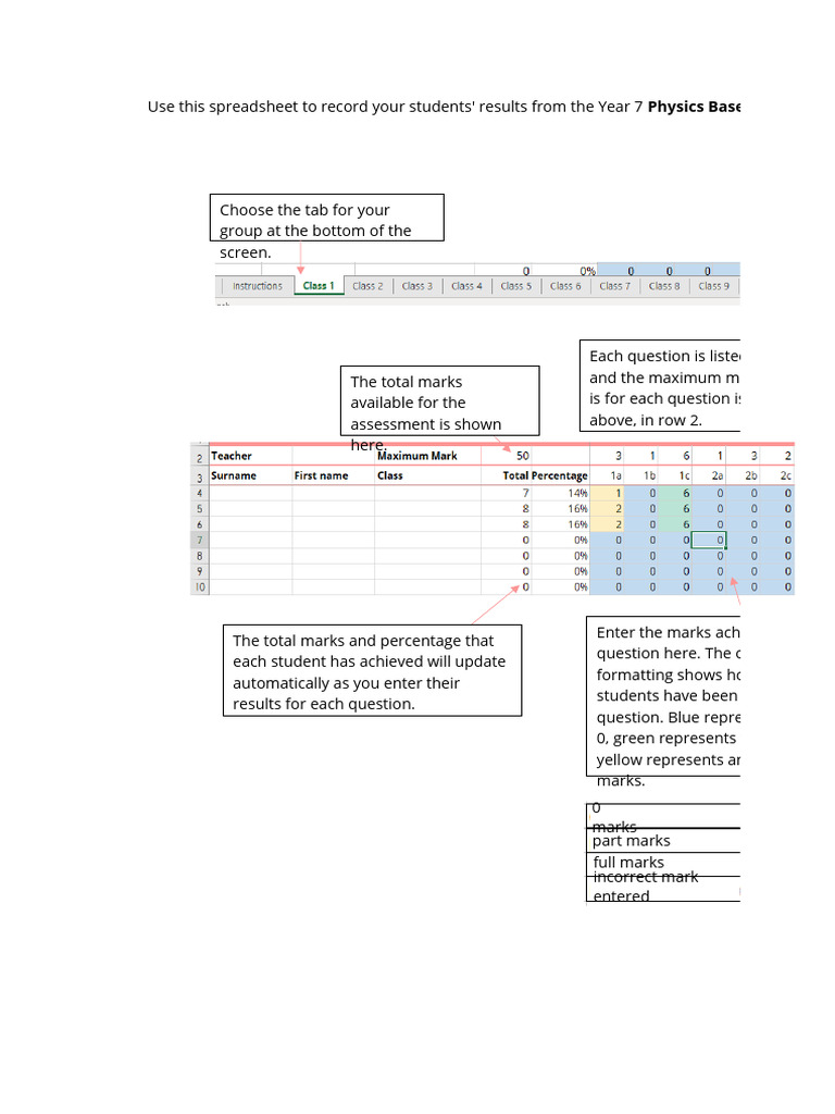 Physics Baseline Test Analysis Spreadsheet | PDF