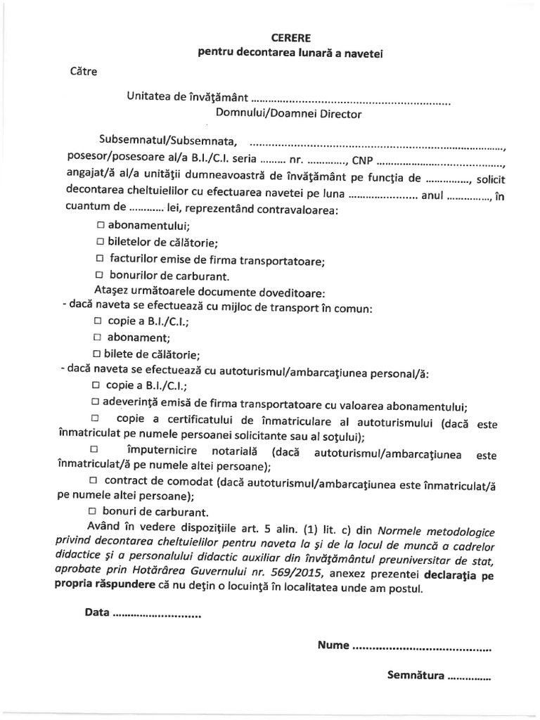 Cerere Decontare Naveta | PDF