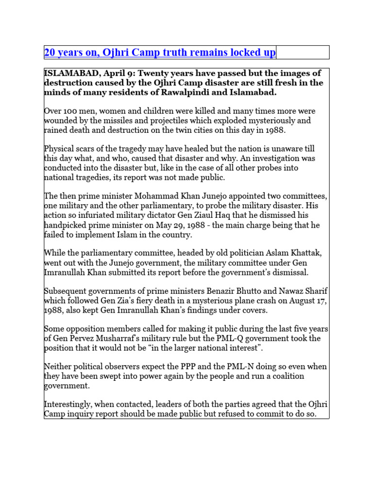 Dawn, 20 Years On, Ojhri Camp Truth Remains Locked Up | PDF | Muhammad ...