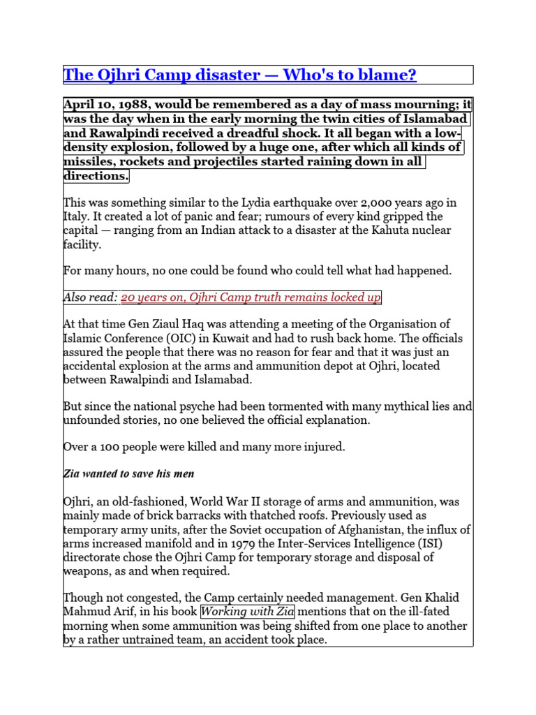 Dawn, The Ojhri Camp Disaster Who's To Blame | PDF | Muhammad Zia Ul ...