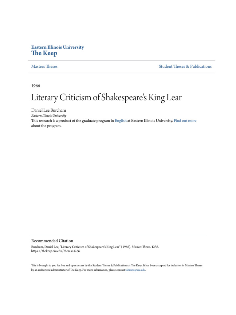 Literary Criticism of Shakespeares King Lear | PDF