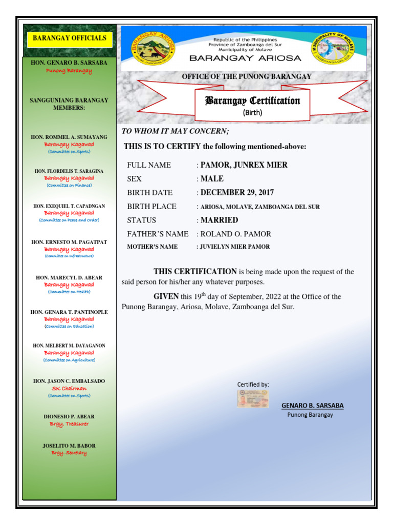 BARANGAY CERT - JUNREX | PDF