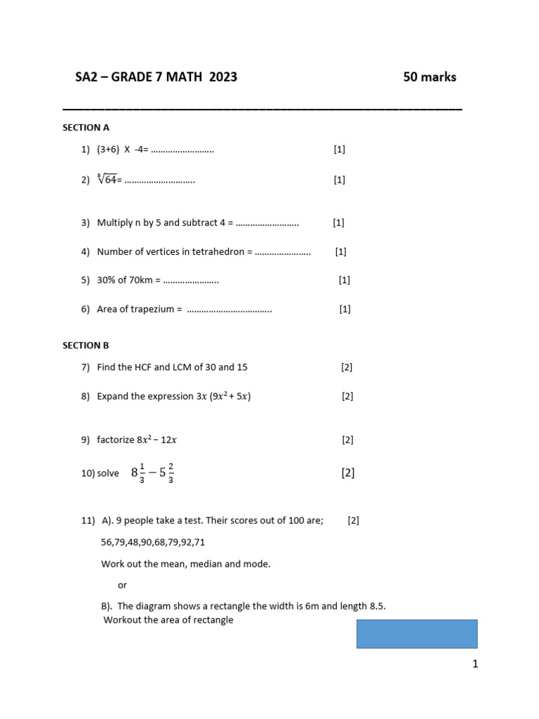 Grade 7 Math Exam 2023 | PDF | Teaching Methods & Materials