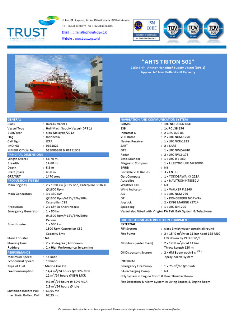 Triton 501 Ship Particular | PDF | Water Transport | Manufactured Goods