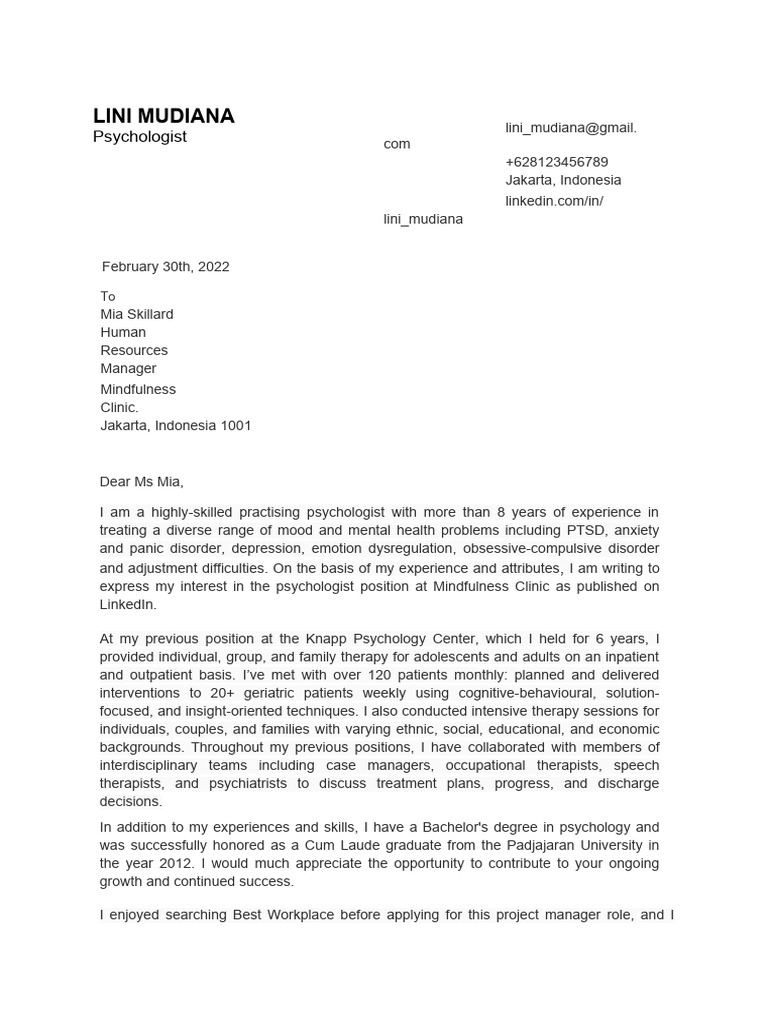 Cover Letter - Psychologist | PDF | Psychotherapy | Mental Disorder