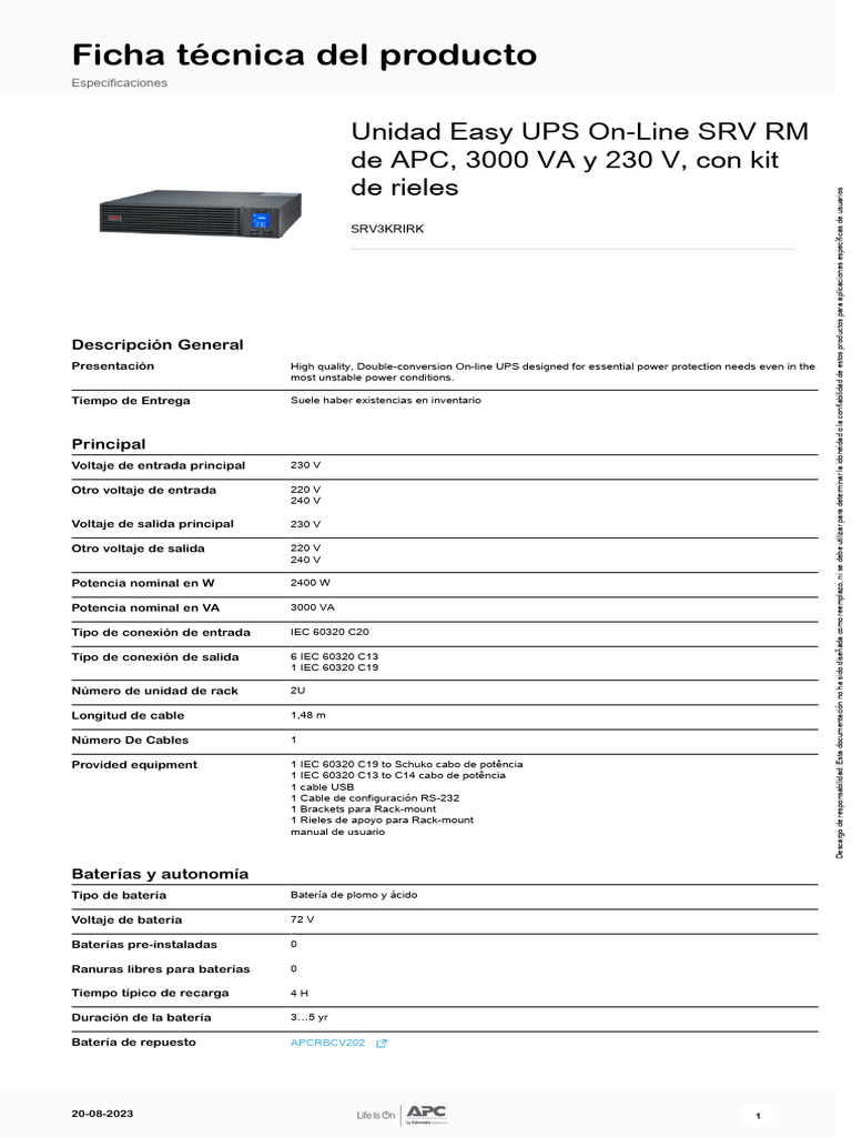 Linea 11 - Data Sheet - Ups Apc Easy en Línea Srv Rm Srv3krirk | PDF ...