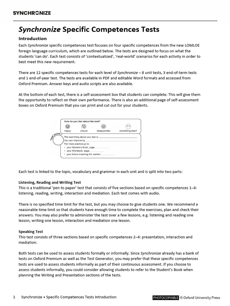 Sync Specific Competence Tests Introduction | PDF