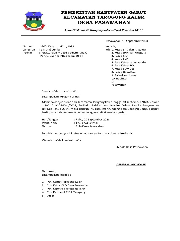Undangan Musyawarah Desa RKPDes 2024 | PDF