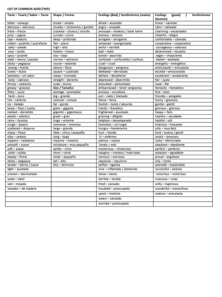 Lista de Adjetivos Comunes en Español | PDF
