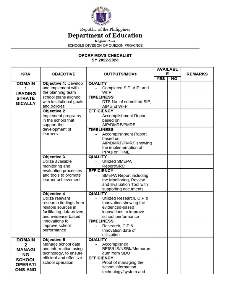 OPCRF MOVs Checklist 2024-2025 | PDF | Educational Assessment | Teachers