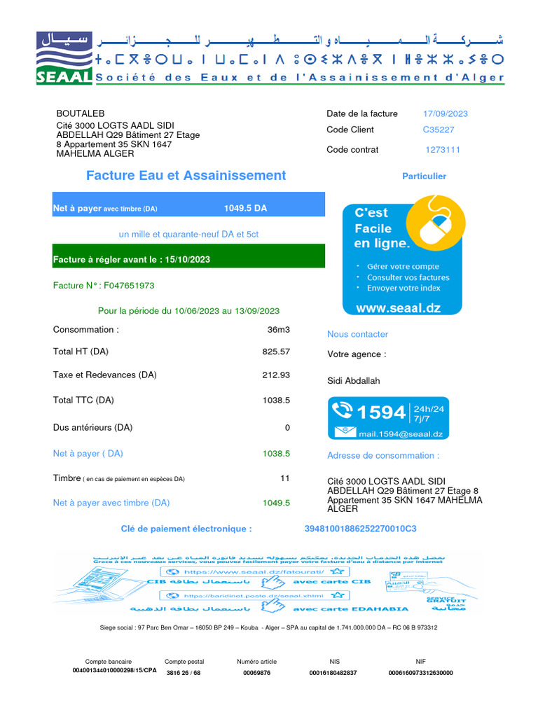 Facture Eau Et Assainissement: Net À Payer 1049.5 DA | PDF