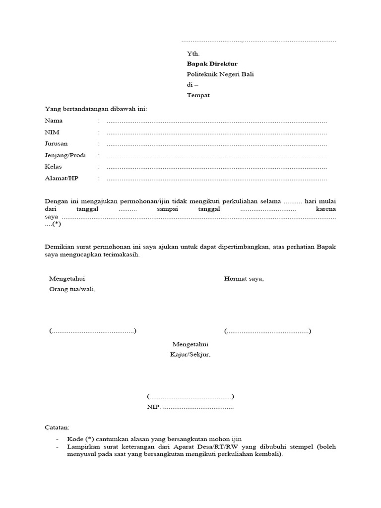 Format Surat Ijin Tidak Mengikuti Perkuliahan | PDF