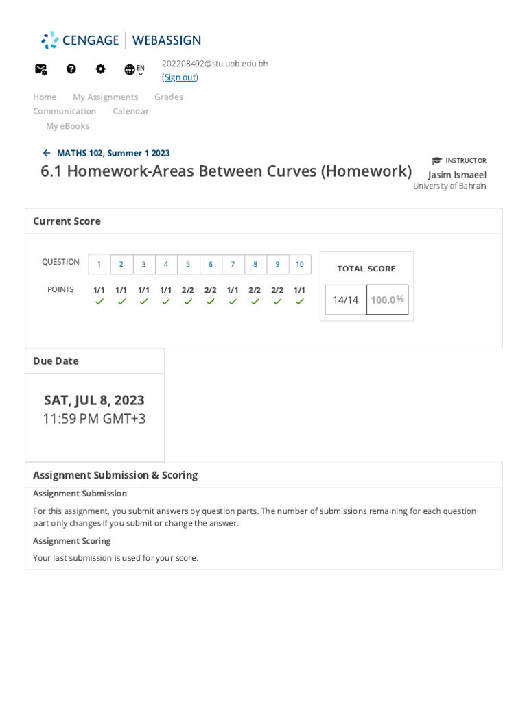6.1 Homework-Areas Between Curves - MATHS 102, Summer 1 2023 - WebAssign | PDF | Area | Geometry