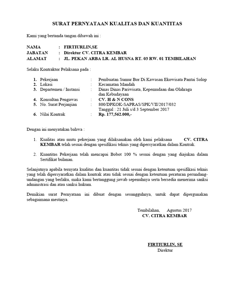 1. SURAT PERNYATAAN KUALITAS DAN KUANTITAS ( CV. CITRA KEMBAR ) | PDF