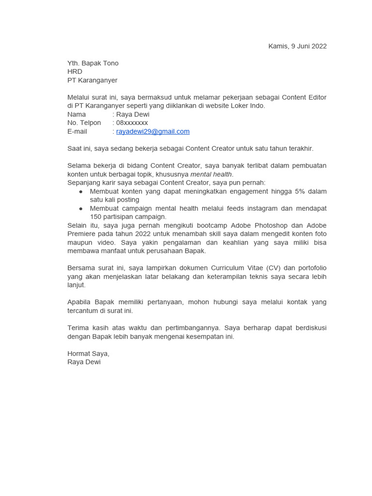 Cover Letter - Content Creator | PDF