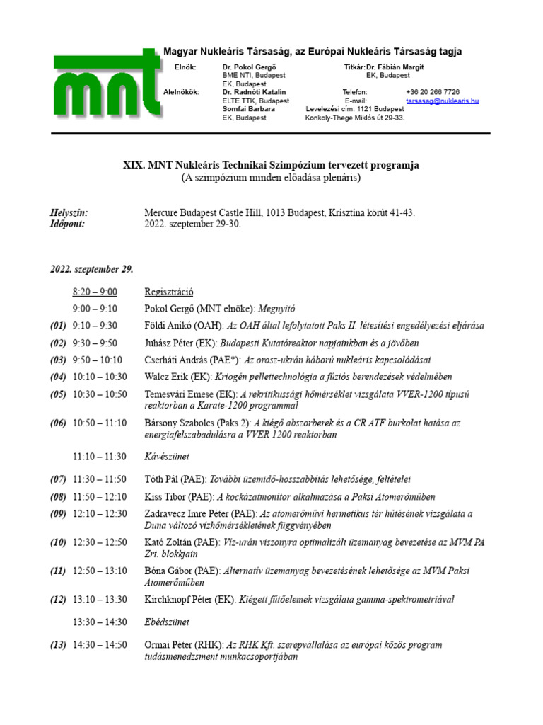 XIX MNT Nukleáris Technikai Szimpózium Program v1 | PDF