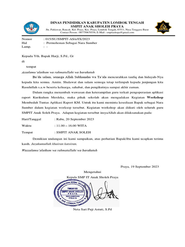 Surat Nara Sumber Workshop Raport Ikm | PDF