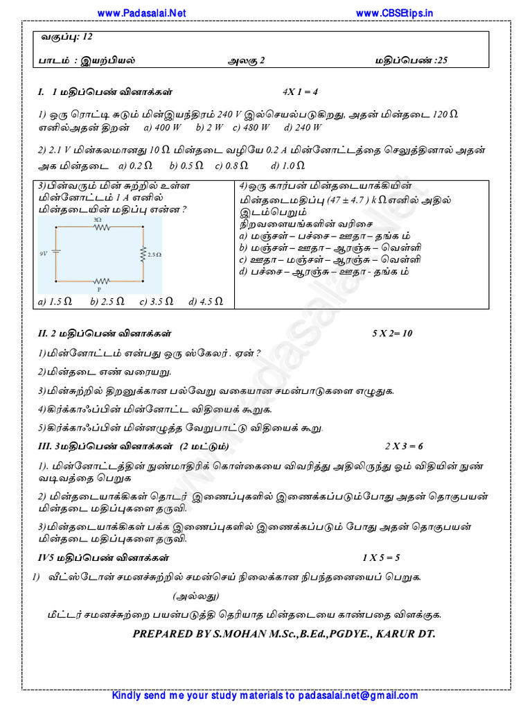 12th Physics TM Unit 2 Model Question Paper Tamil Medium PDF Download | PDF