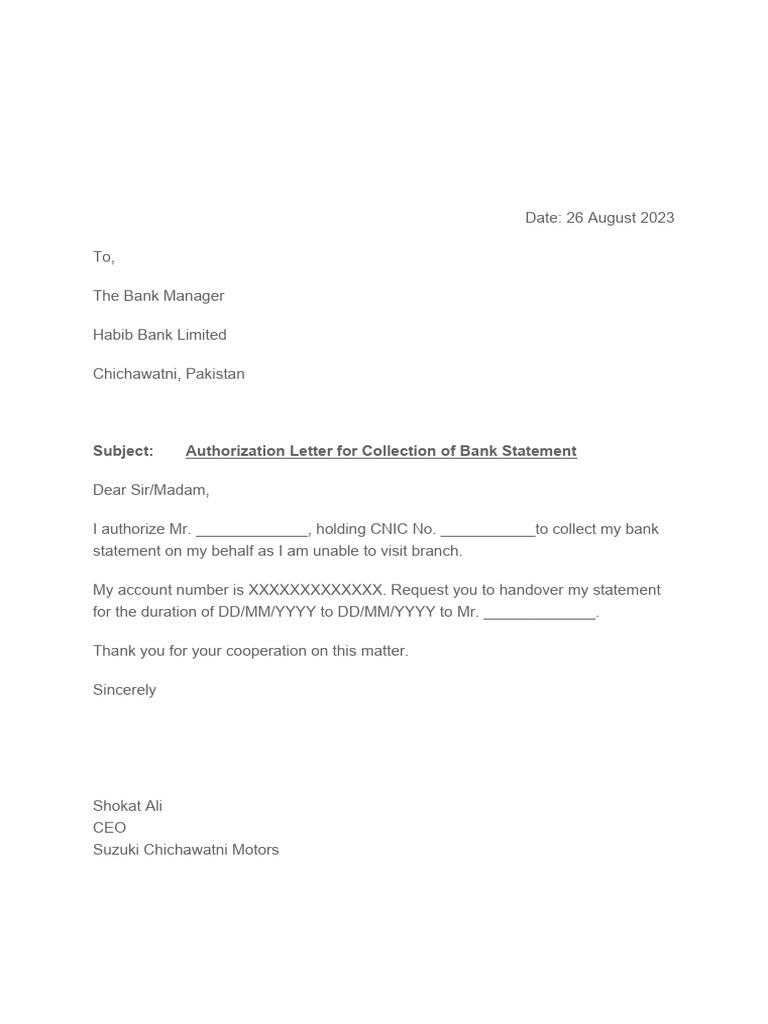 Authority Letter For Bank Statement | PDF