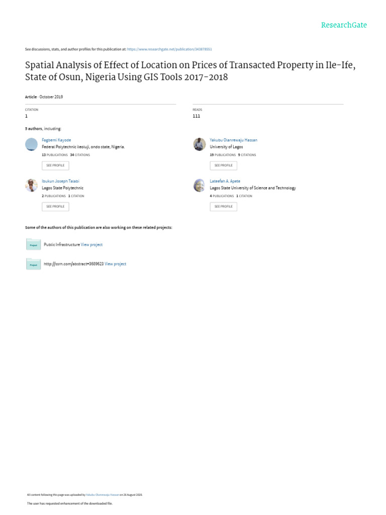 Spatial Analysis of Effect of Location On Prices of Transacted Property in Ile-Ife, State of ...