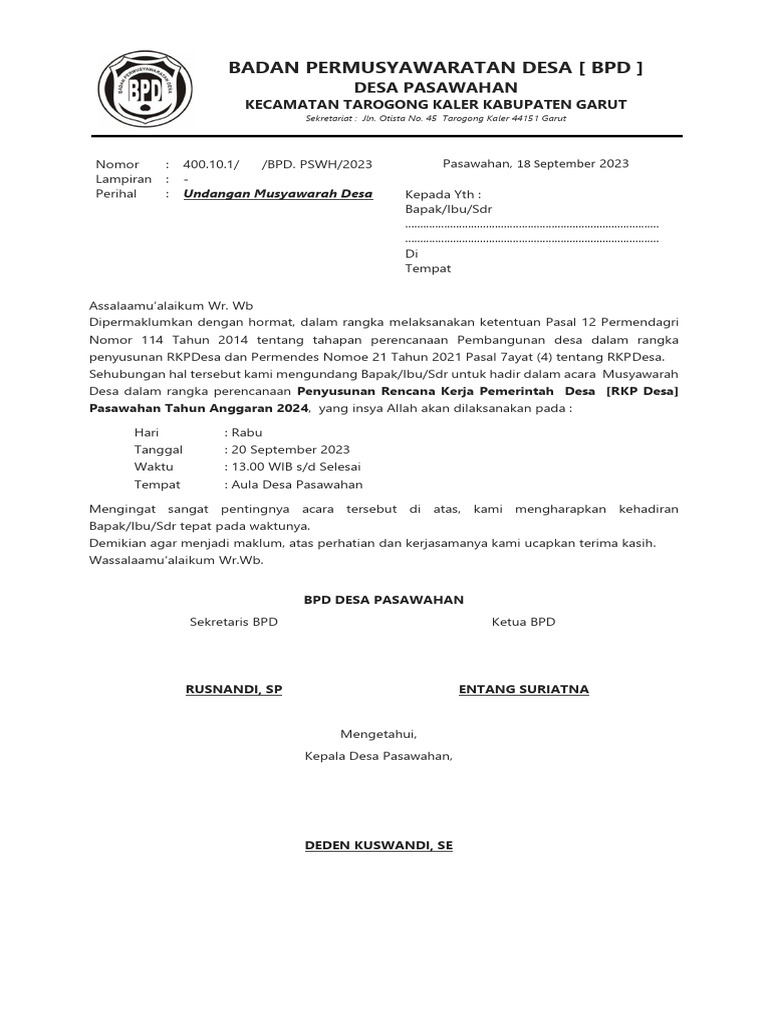 Contoh Undangan Musdes BPD Desa | PDF