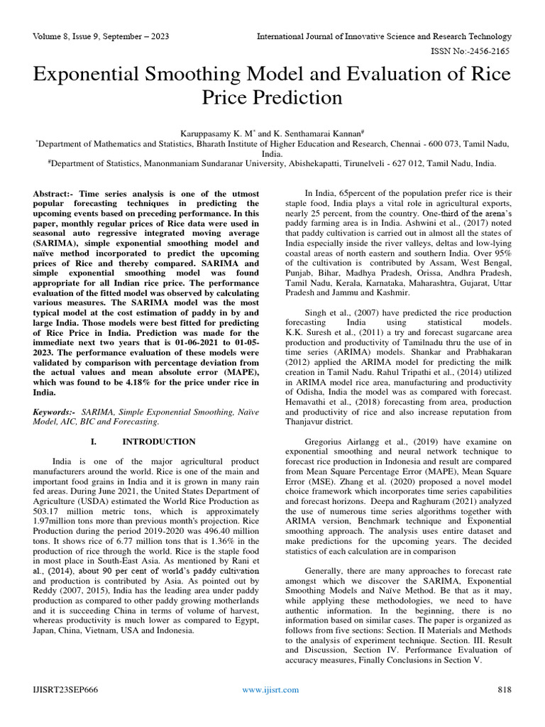 Exponential Smoothing Model and Evaluation of Rice Price Prediction | PDF | Autoregressive ...