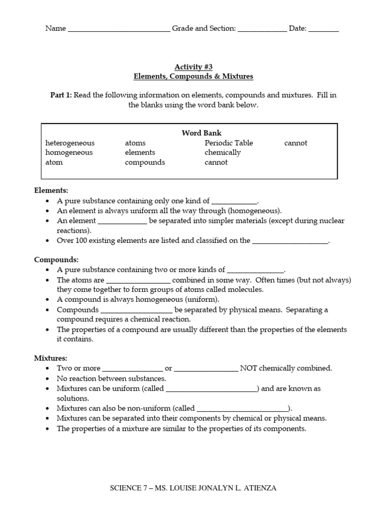 Activity 3 Elements Compounds and Mixtures | PDF