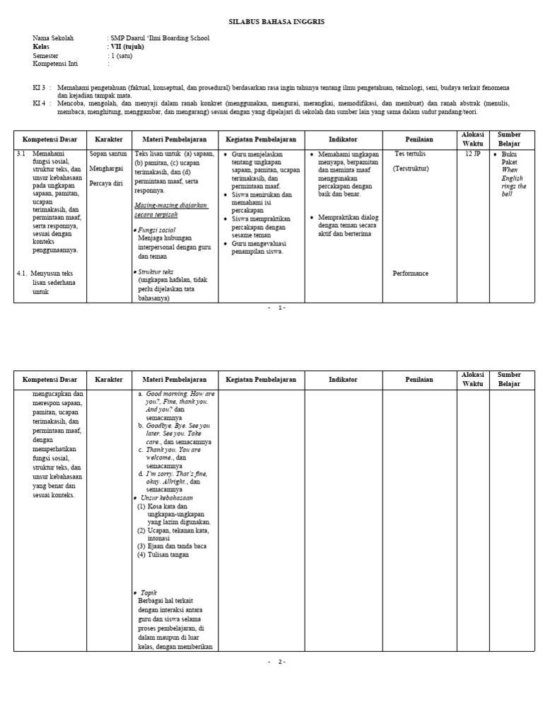 SILABUS BAHASA INGGRIS KURIKULUM 2013 Kelas VII | PDF