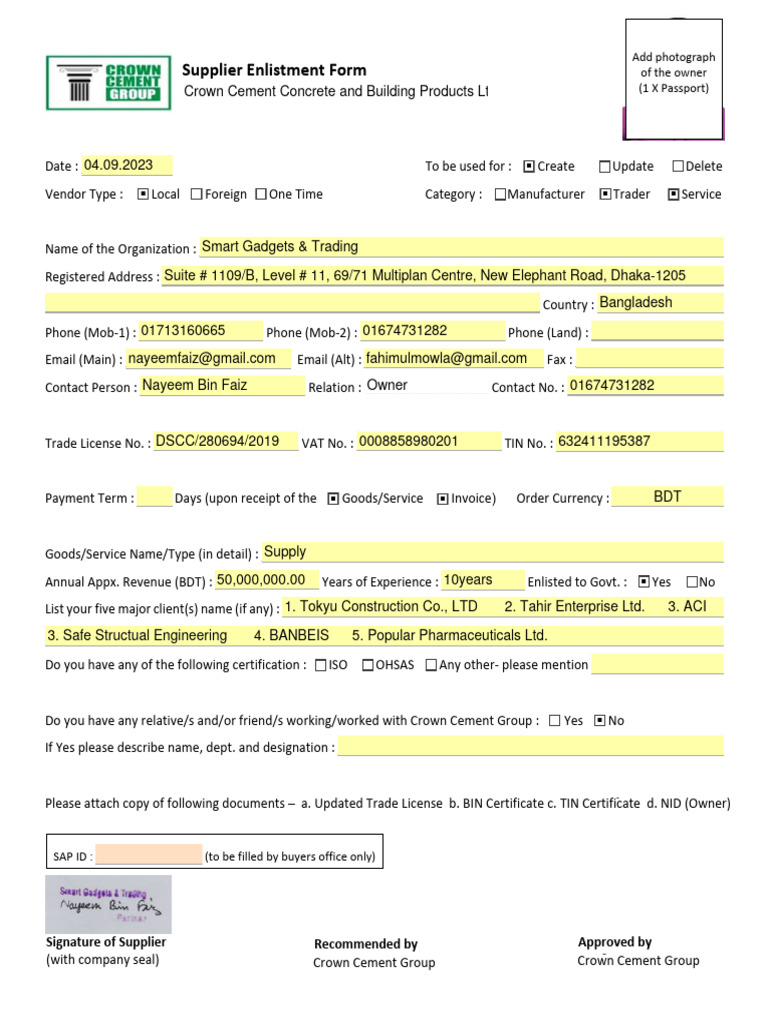 Supplier Enlistment Form - CCG - V.001 | PDF | Business