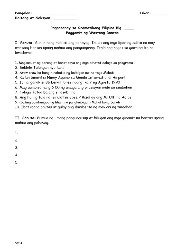 Pagsasanay Sa Gramatika Bilang 1 | PDF