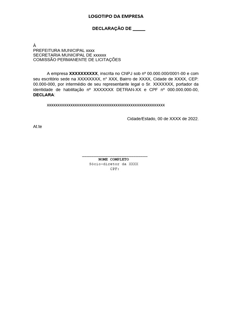 Modelo de Declaracao Licitantes | PDF | Finanças e Administração de Capital