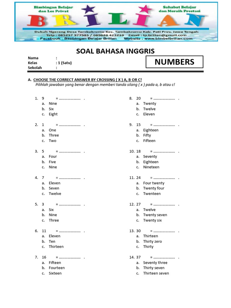 Soal Bahasa Inggris Kelas 1 SD Bab Angka-Angka (Numbers) - Pilihan ...
