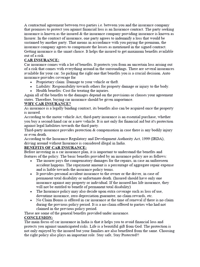 Benefits of Car Insurance | PDF | Insurance | Vehicle Insurance