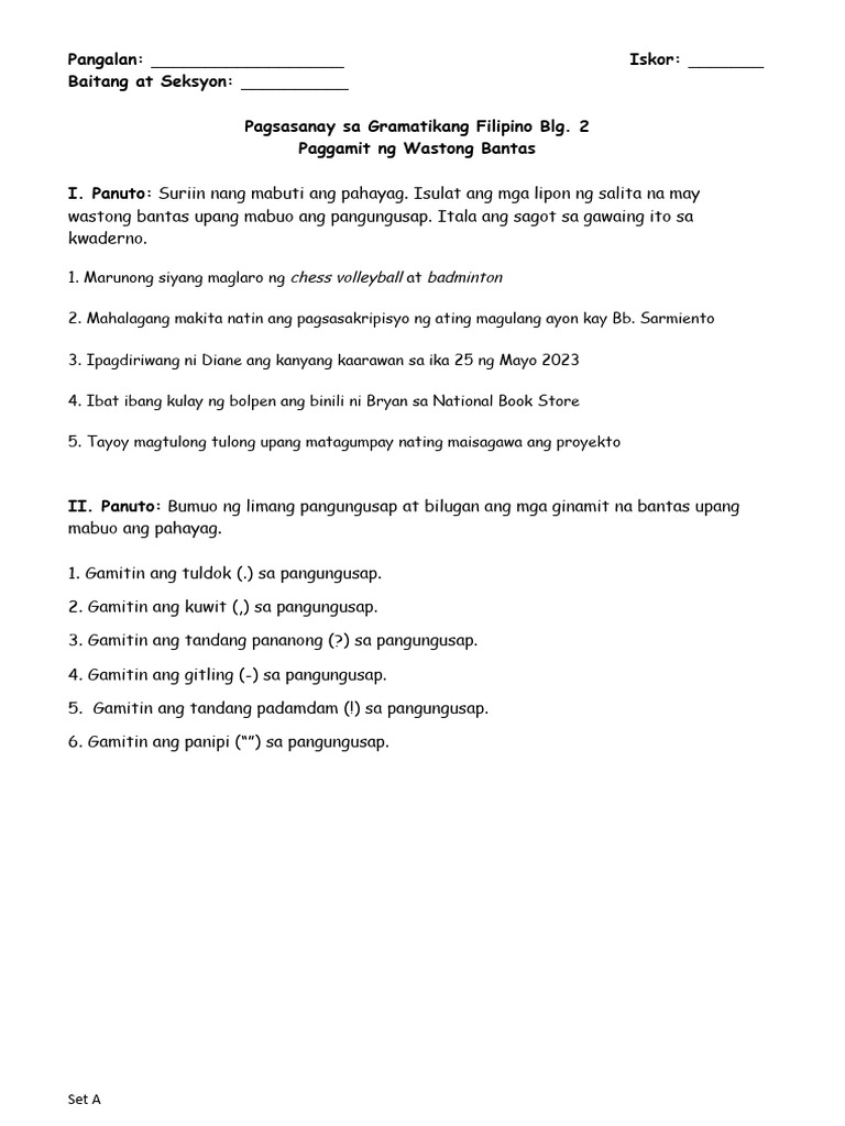 Pagsasanay Sa Gramatika Bilang 2 | PDF