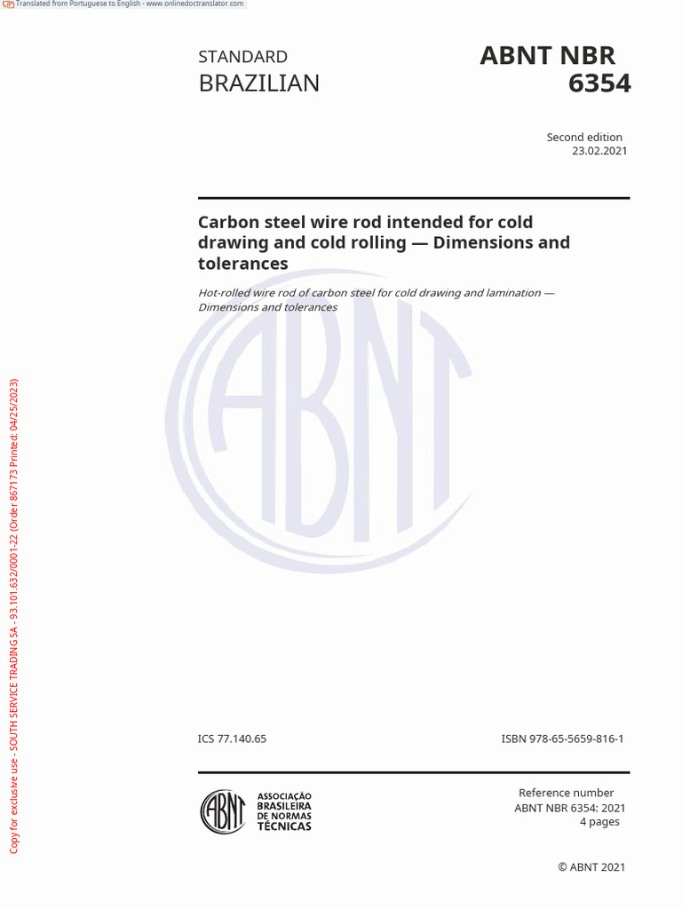 ABNT NBR 6354 2021 - Carbon Steel Wire Rod - Dimensions and Tolerances | PDF | Engineering ...