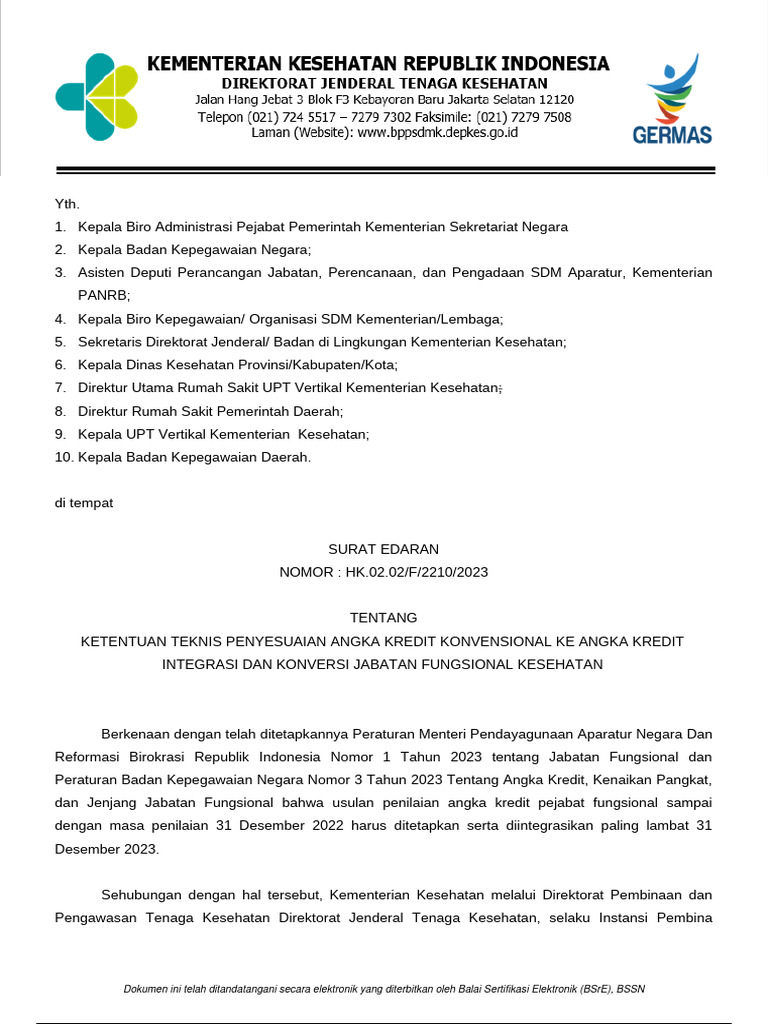 Surat Edaran Dirjen Nakes Tentang Mekanisme AK Integrasi Dan Konversi ...