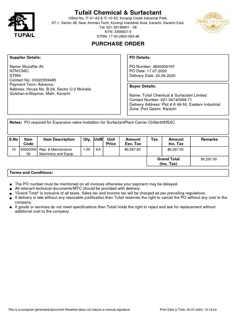 Tufail Chemical & Surfactant: Purchase Order | PDF | Taxes | Economies