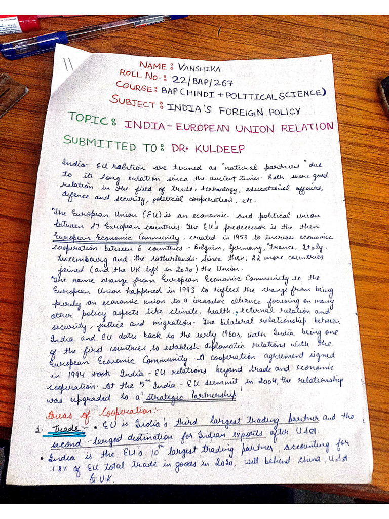 Indo EU Relation Pol Major Assignment | PDF