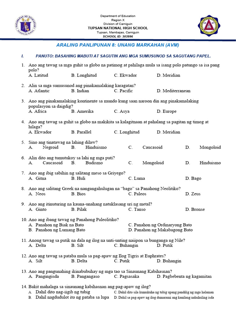 Araling Panlipunan 8, Unang Markahang Pagsusulit | PDF
