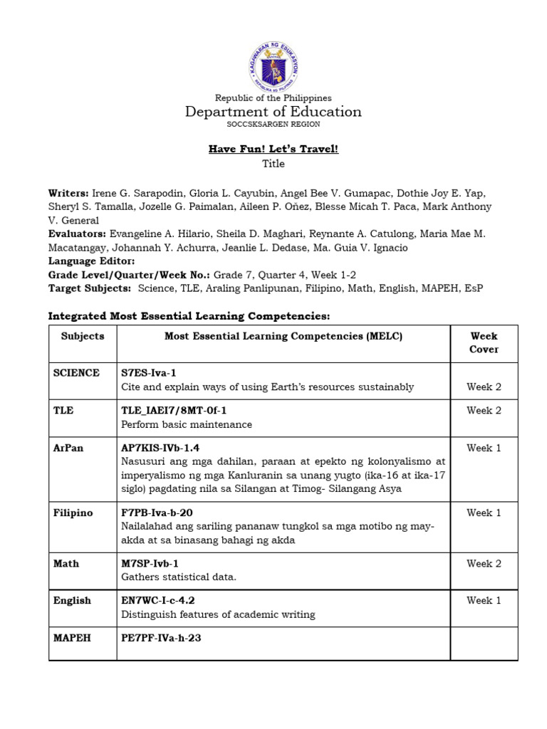 FINALIZED - G7 - Q4 - Week 1-2 - SCIENCE, TLE, ARALING PANLIPUNAN ...