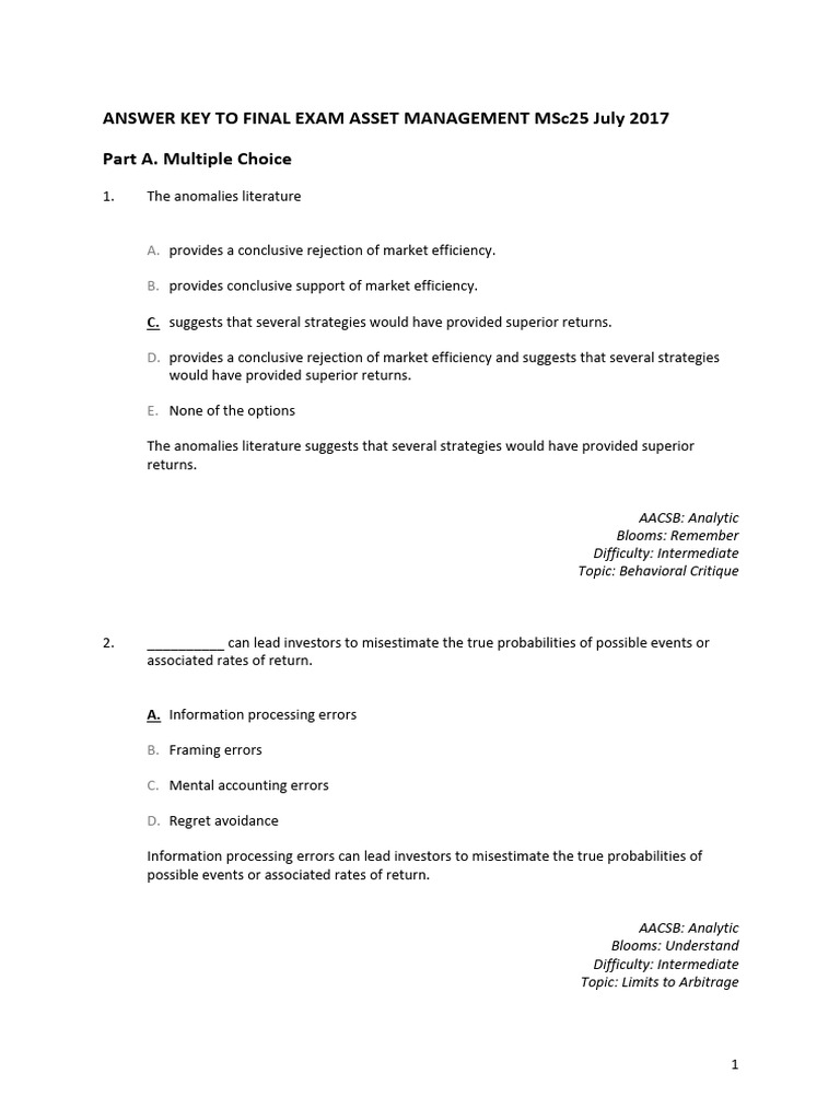 ANSWER KEY Asset Management July 2017 REVISED | PDF | Bond Duration ...